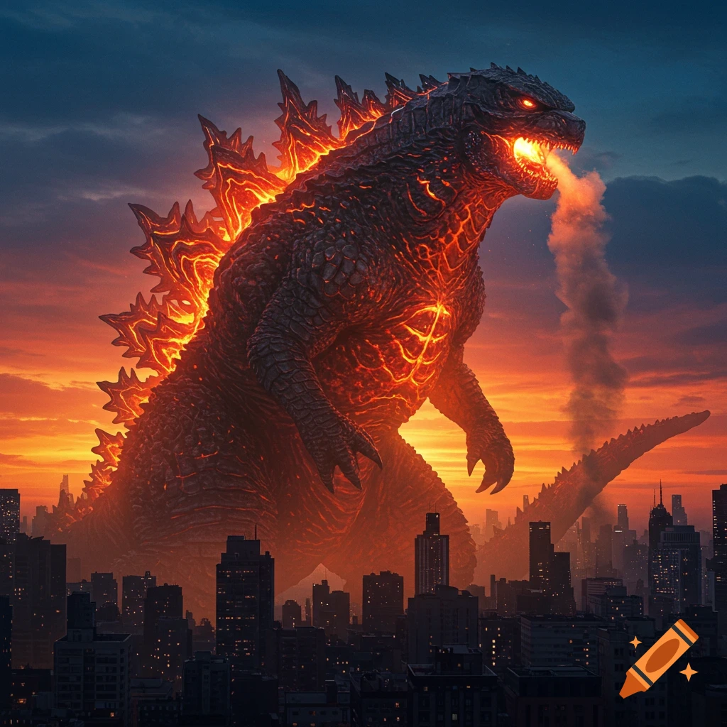 A massive, scaled Godzilla-like monster with glowing orange eyes stands over a city at sunset ...