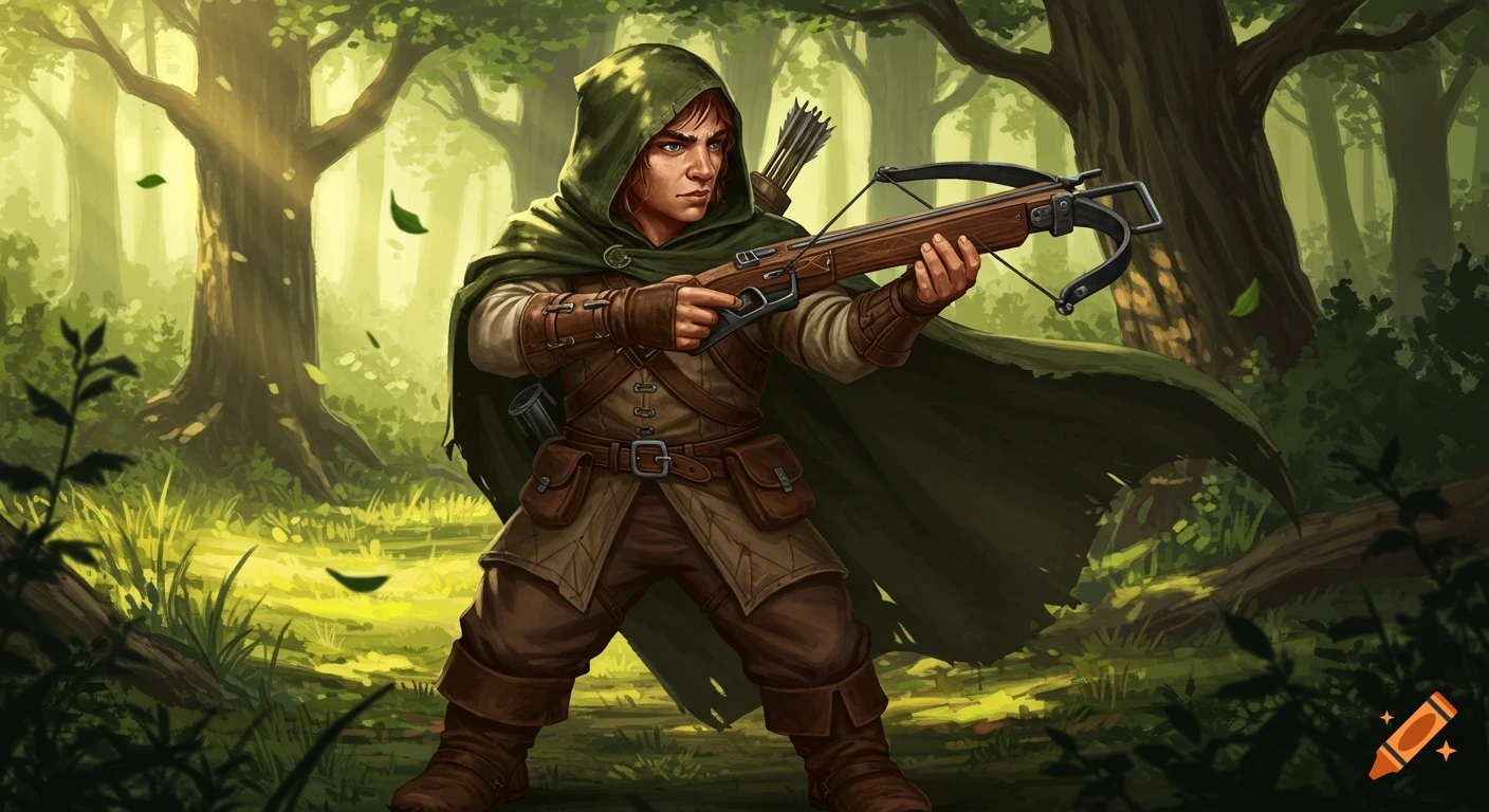 A male halfling in a green hooded cloak and leather armor holds a ...