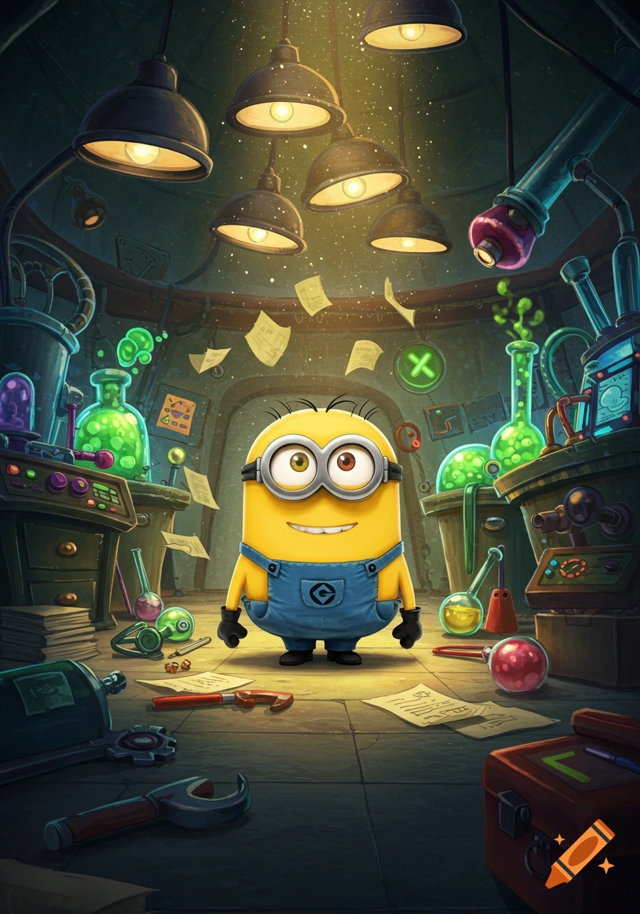 A cheerful Minion stands in a dimly lit, cluttered science lab filled ...