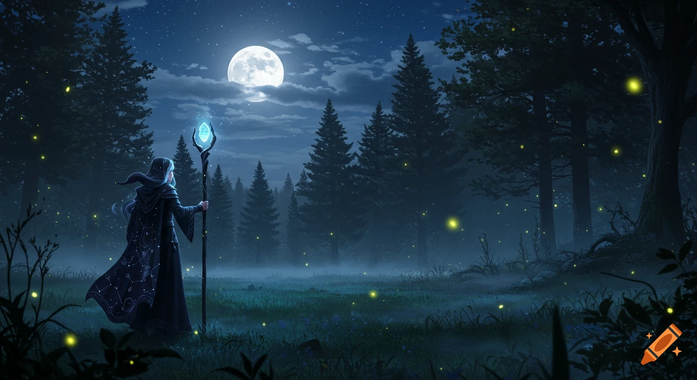 A dark cloaked figure stands under a bright full moon in a mystical ...
