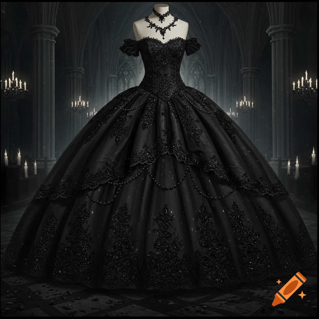 An elaborate black gothic ball gown on a mannequin, with lace and beads ...