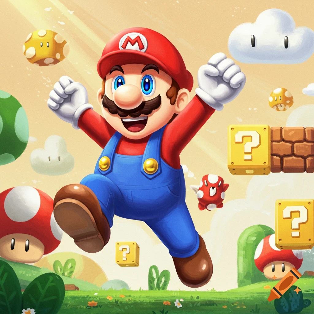 Mario, in his blue overalls and red hat, leaps joyfully in a vibrant ...