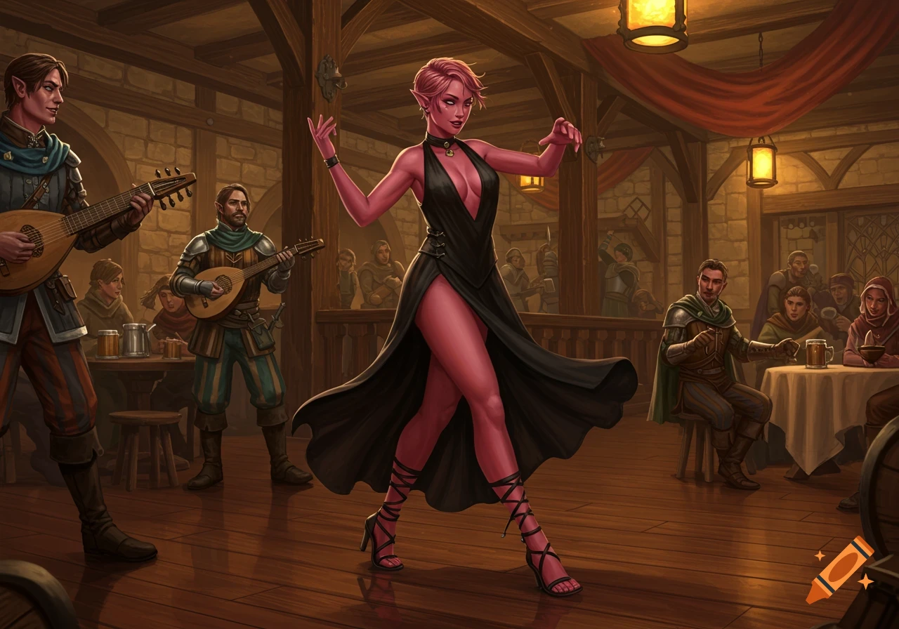 A blue-skinned tiefling bard in leather armor plays a lute on a stage ...