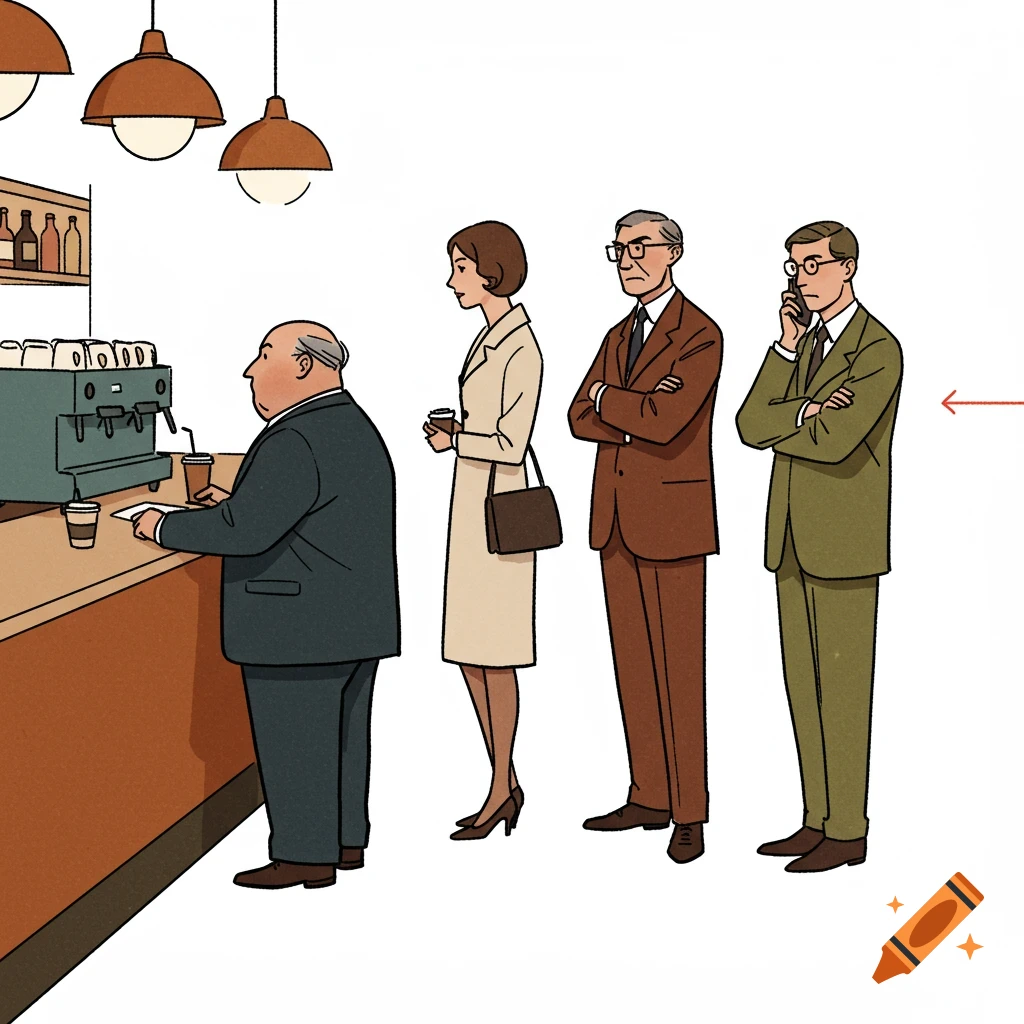 Mid-century modern illustration of four people waiting in line at a ...
