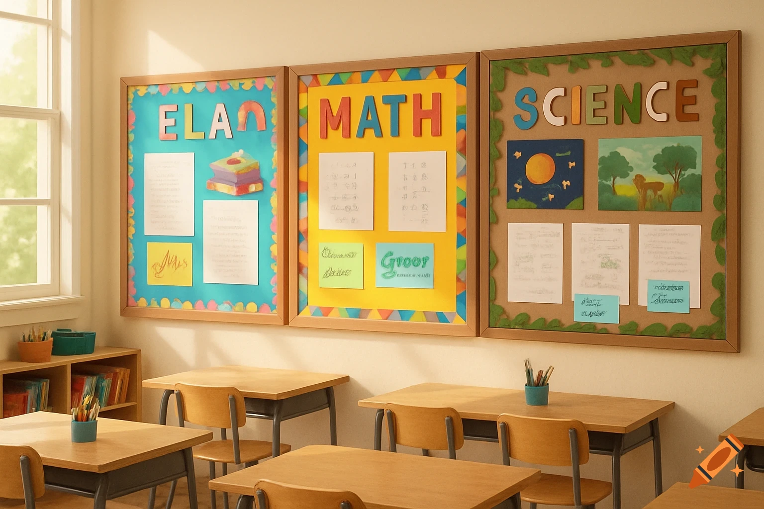 A bright elementary classroom with three bulletin boards for ELA, Math ...