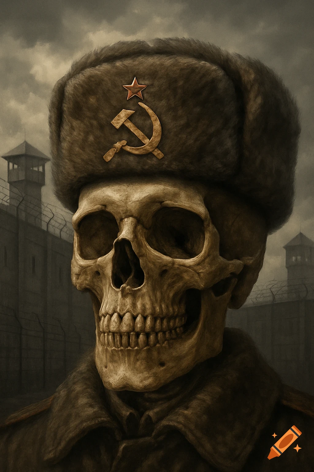Stylized human skull in a Russian fur hat with hammer and sickle ...