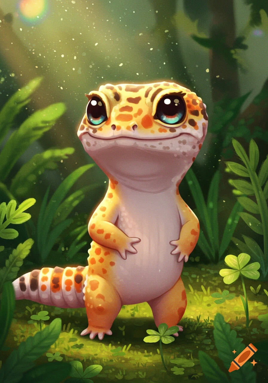 A cute cartoon leopard gecko with big eyes stands upright in a lush ...