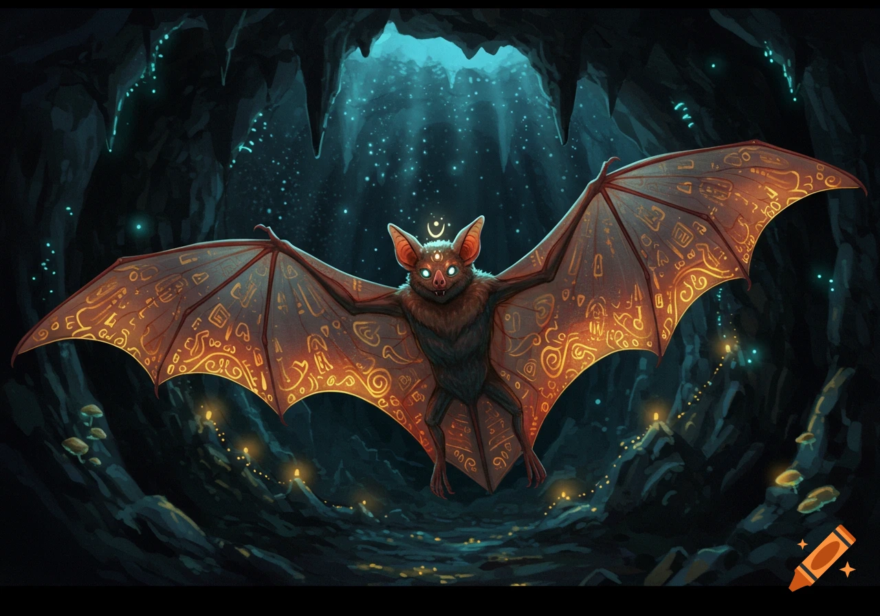 A majestic folkloric bat with glowing eyes and wings adorned with ...