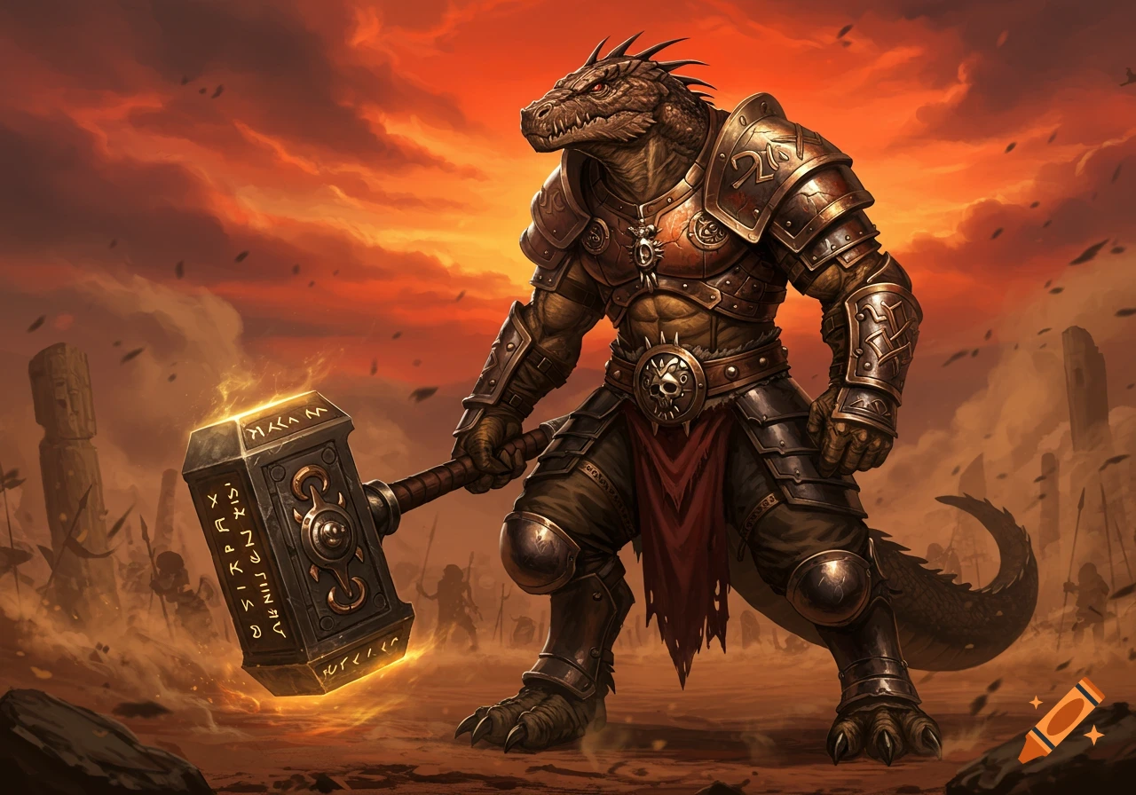 A powerful, armored lizard man stands in a desolate, fiery landscape ...