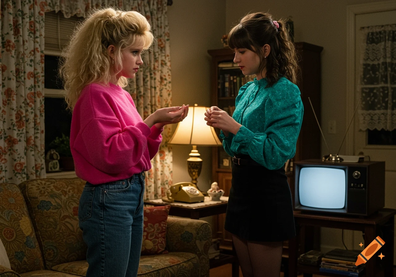 Two young women with 80s hairstyles and fashion stand in a retro living ...