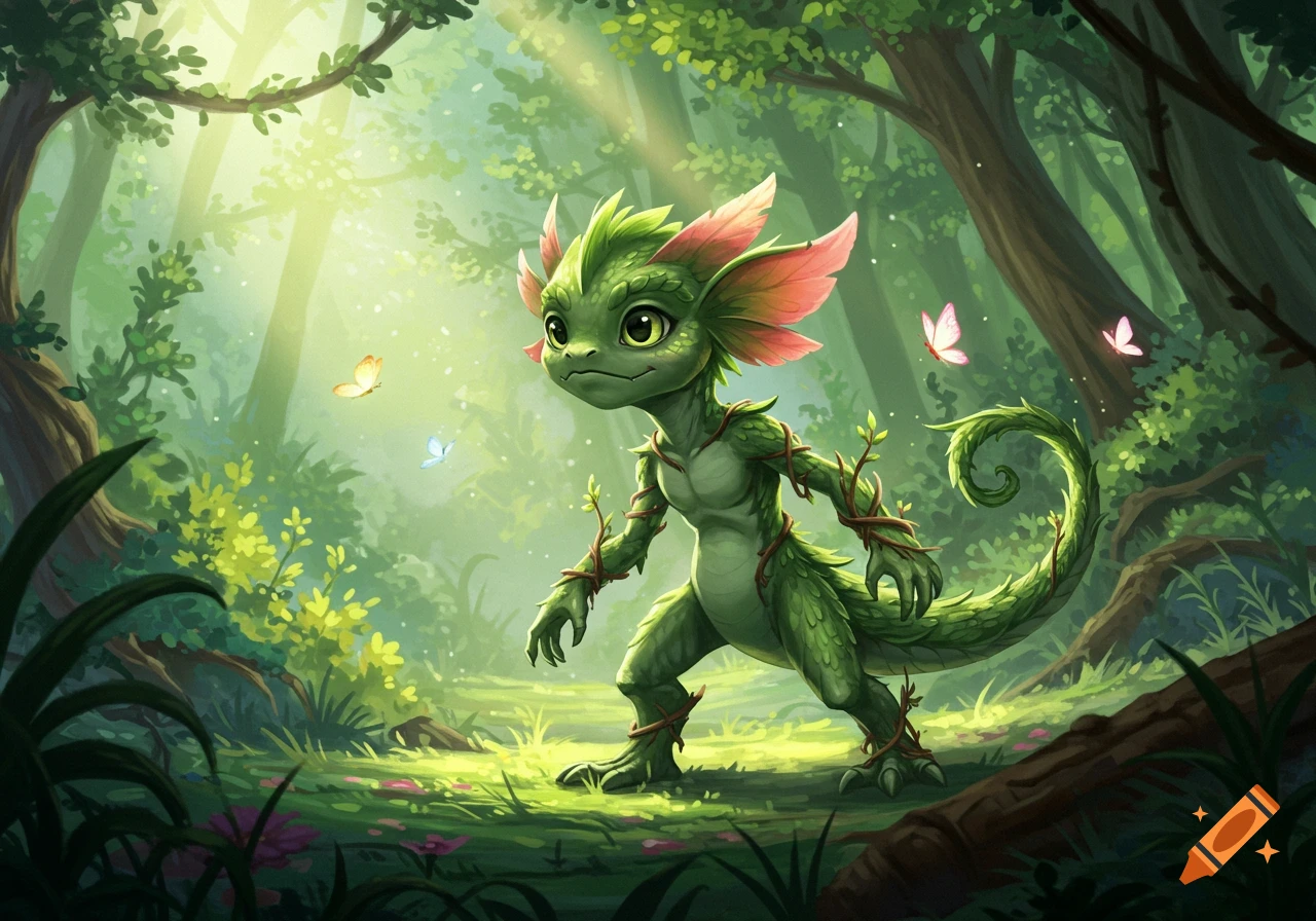 A cute green fantasy creature with leafy vines and pink fins stands in ...