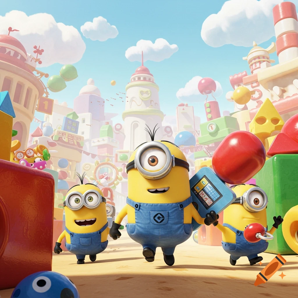 Three Minions in blue overalls walk through a whimsical, colorful toy ...