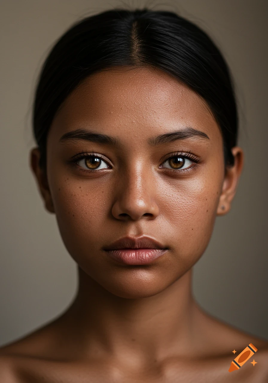 Photorealistic portrait of a young woman with dark brown wavy hair, dark eyes, tan skin, and ...