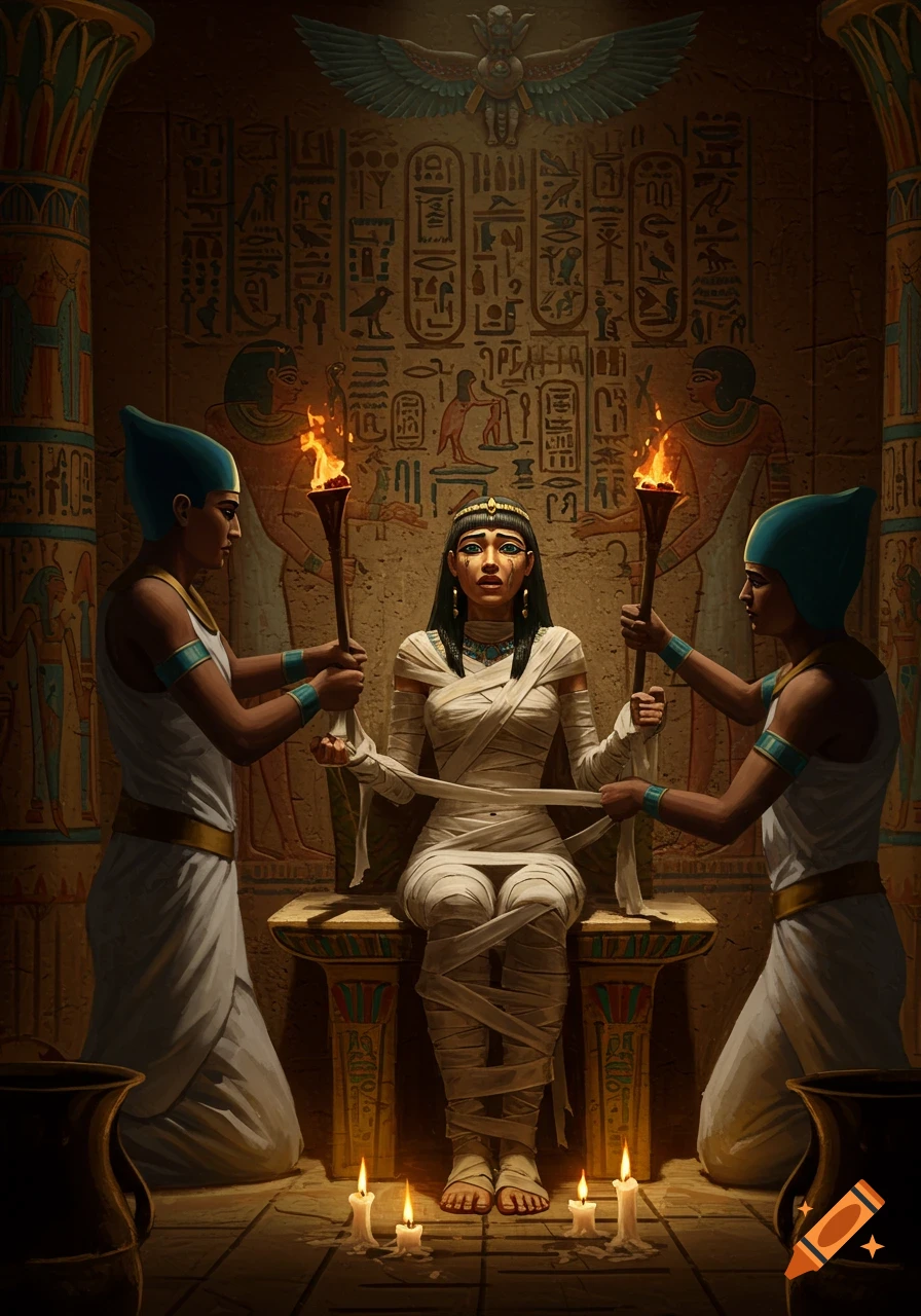 A distressed woman in mummy bandages is tended by two Egyptian priests ...