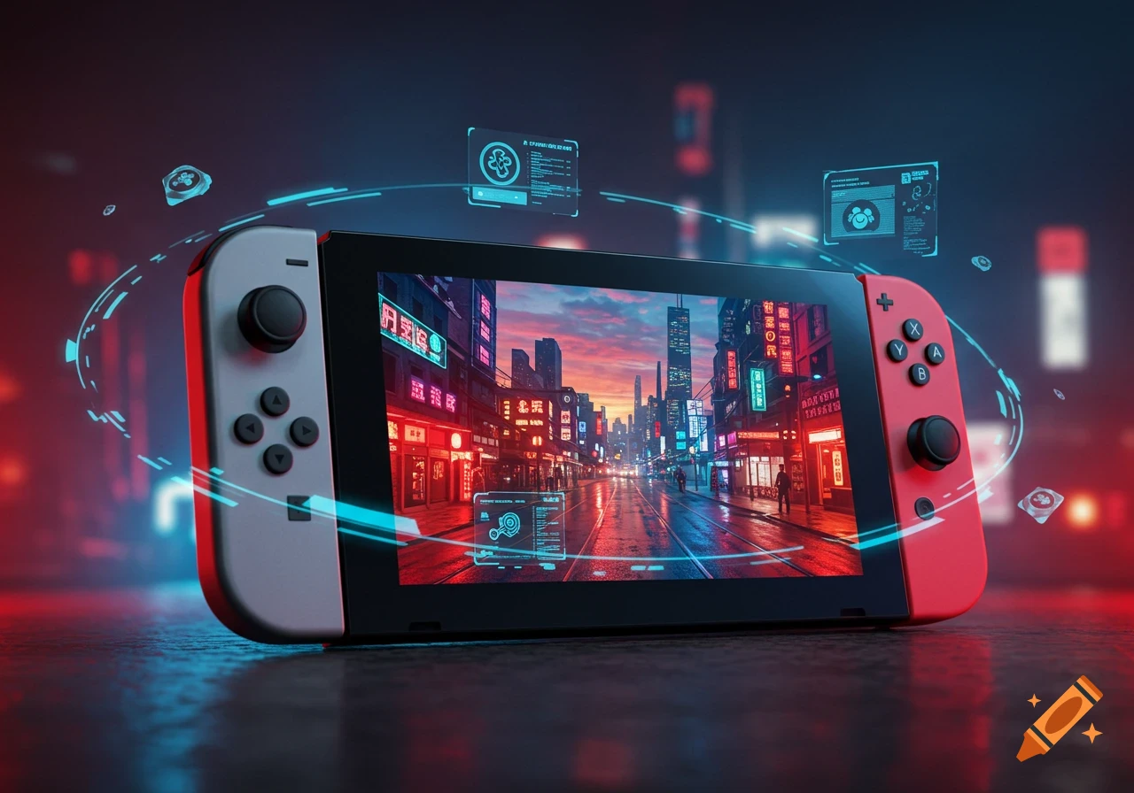 A yellow Nintendo Switch Lite console displays a racing game. on Craiyon