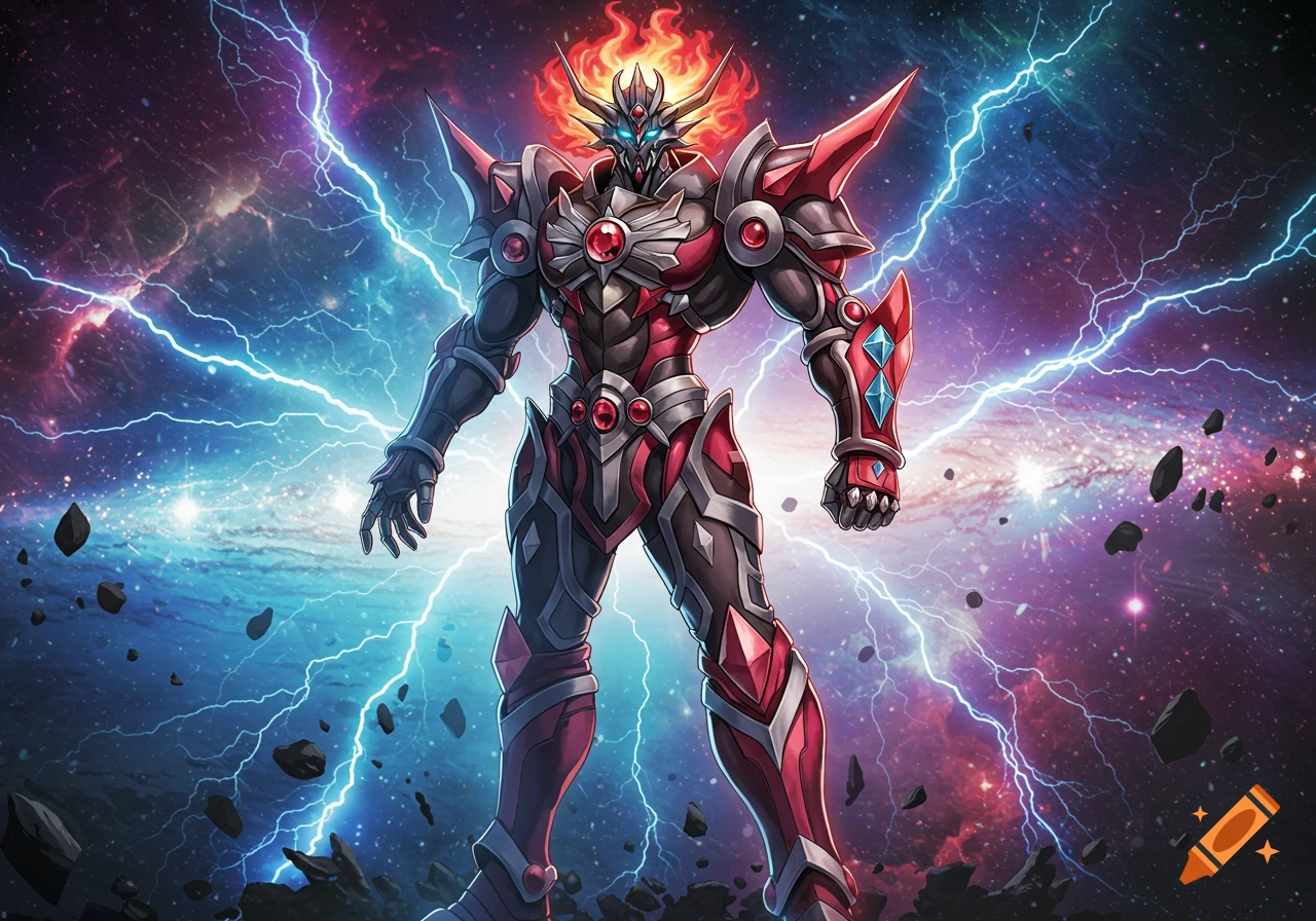 A powerful red and black armored anime warrior with a flaming head and ...