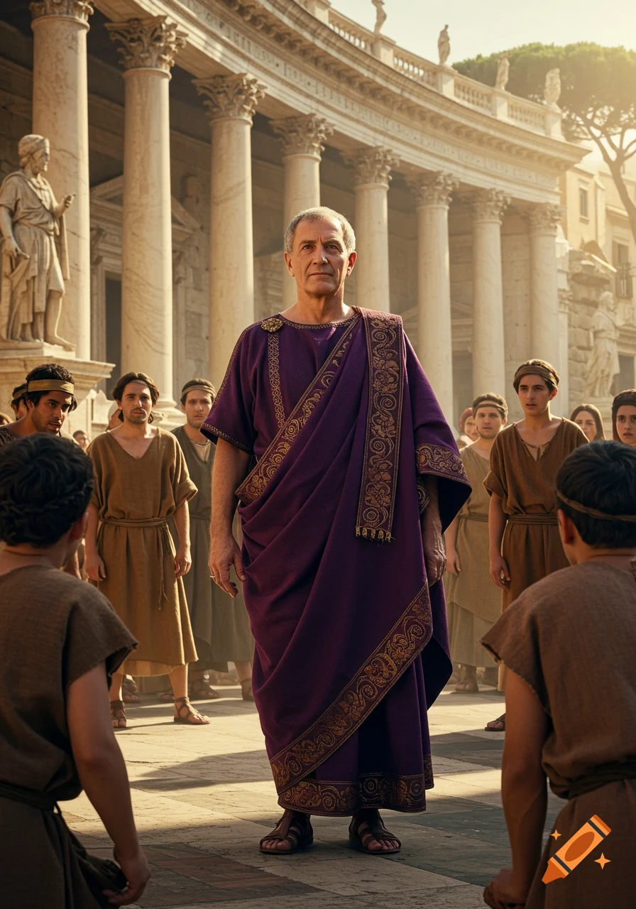 A Roman senator in a purple toga stands before a crowd and classical ...