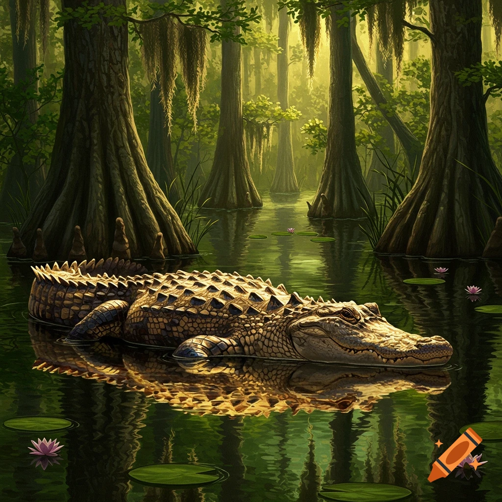 An alligator floats partially submerged in a sunlit swamp with cypress ...