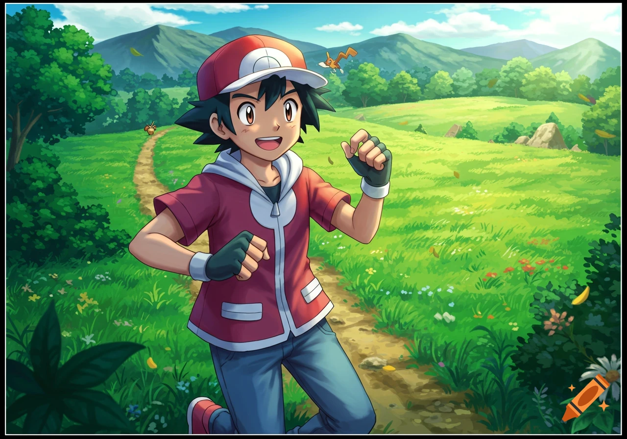 A young male Pokémon trainer runs through a vibrant green field with ...
