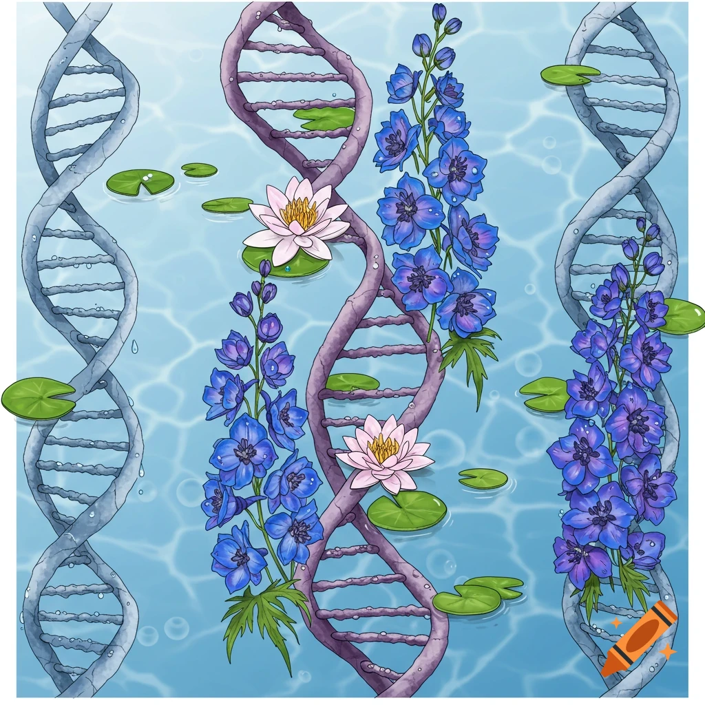 Stylized illustration of purple and gray DNA strands with blue ...