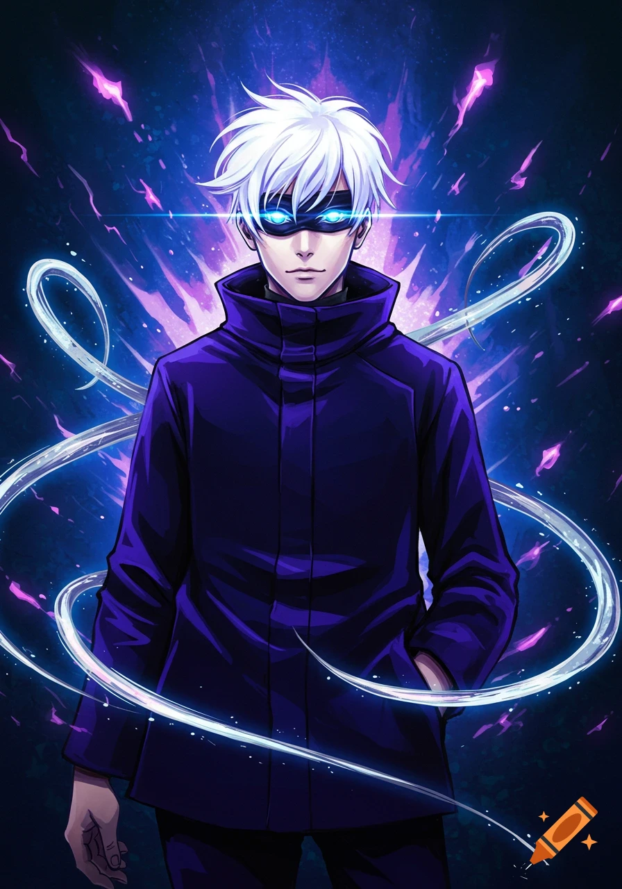 Anime character Gojo Satoru with white hair and blue eyes, wearing a ...
