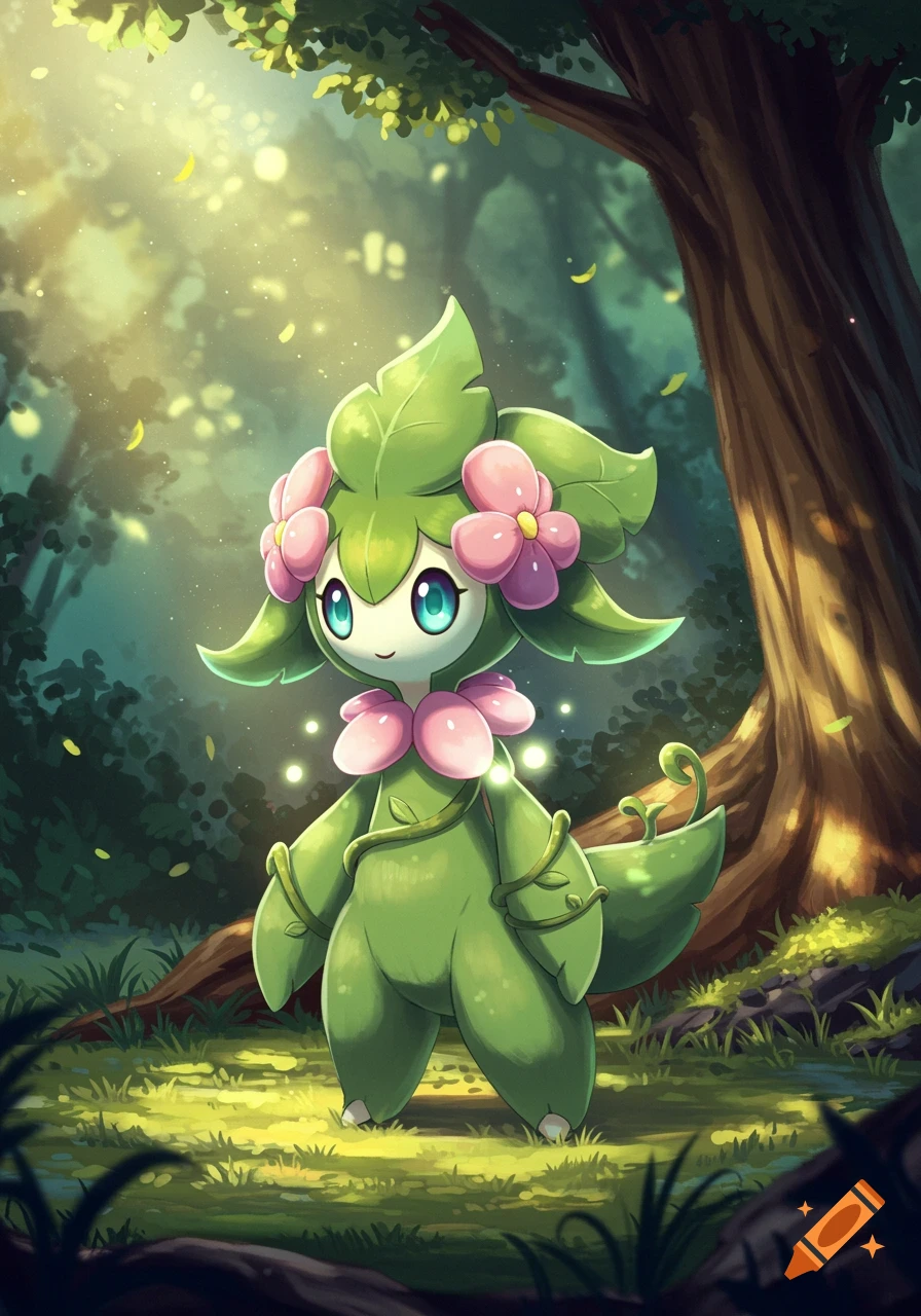 A cute, green, leaf-covered grass-type Pokemon stands in a vibrant ...