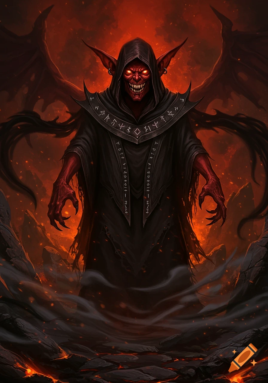 A menacing red demonic goblin with sharp teeth and glowing eyes ...
