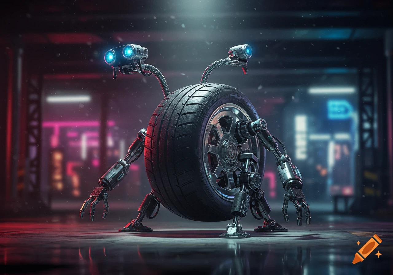 A futuristic tire robot with mechanical arms, legs, and glowing eye stalks stands in a dimly lit ...