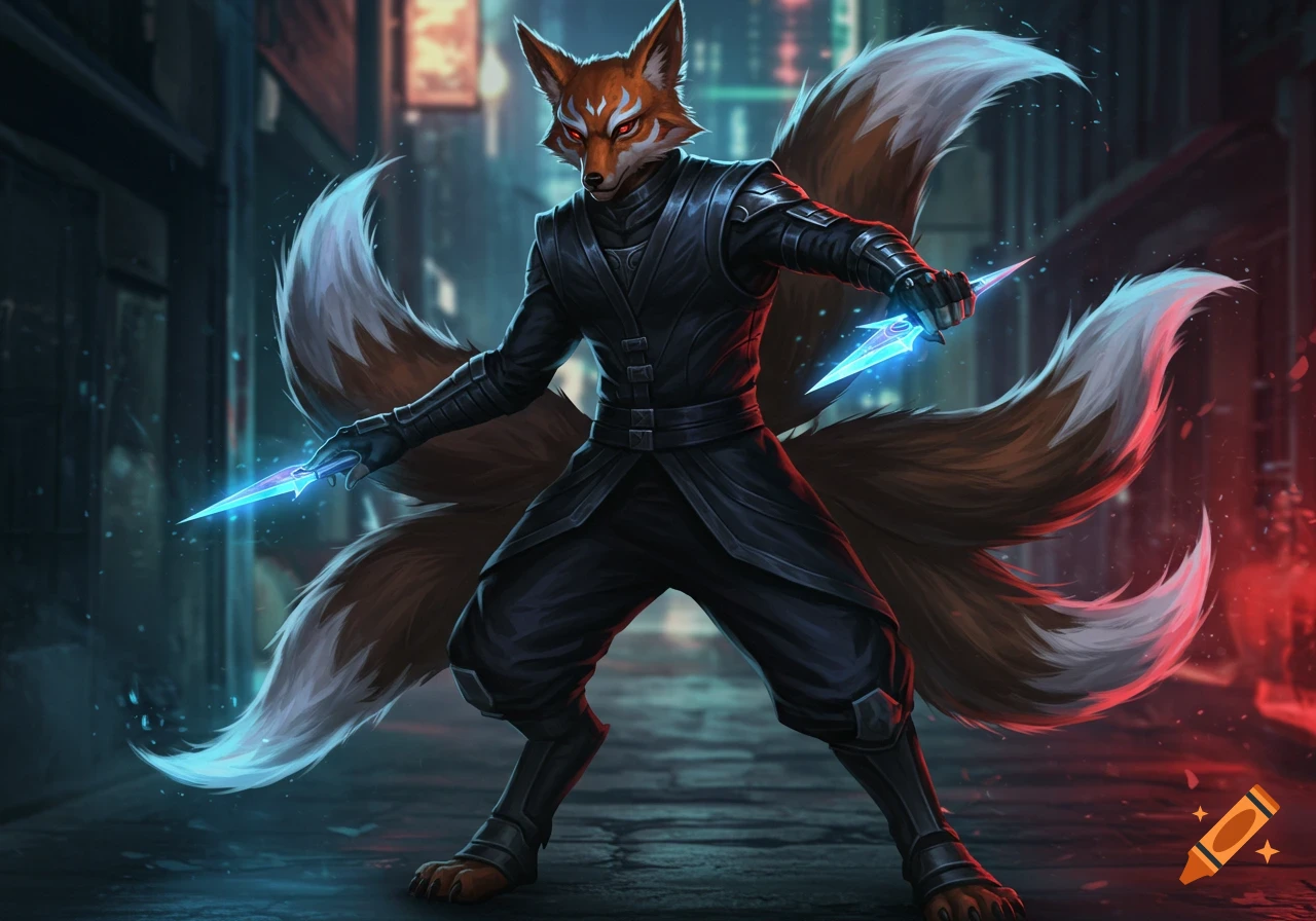 A stylized anthropomorphic grey wolf in a red jacket stands under a ...