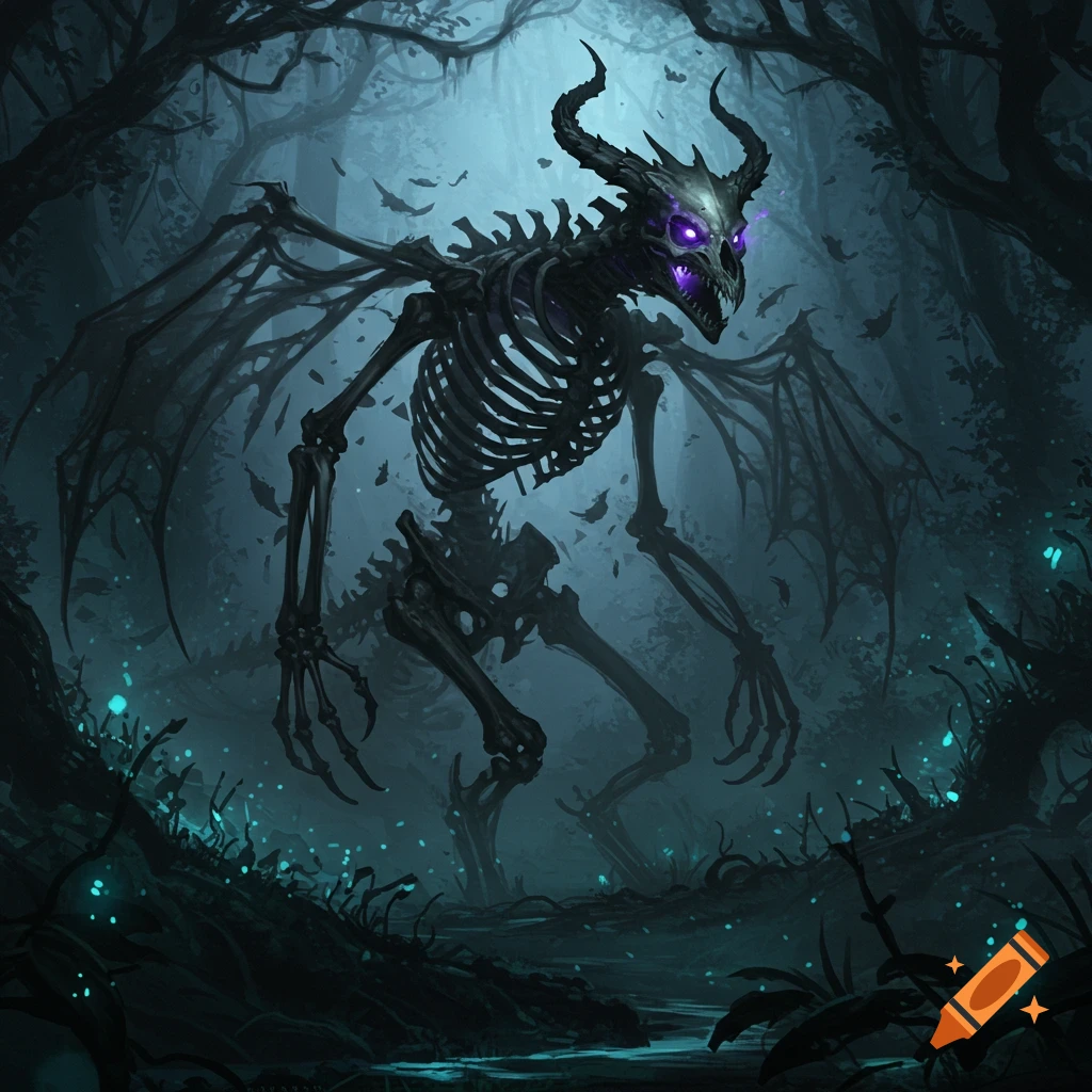 A skeletal dragon creature with glowing purple eyes and bat wings ...