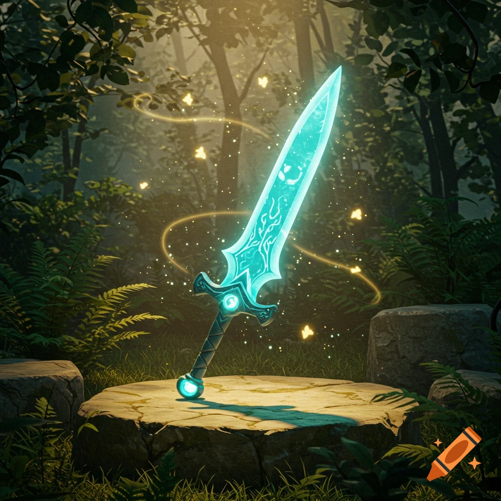 An ornate glowing sword stands plunged into a stone pedestal in a dark ...