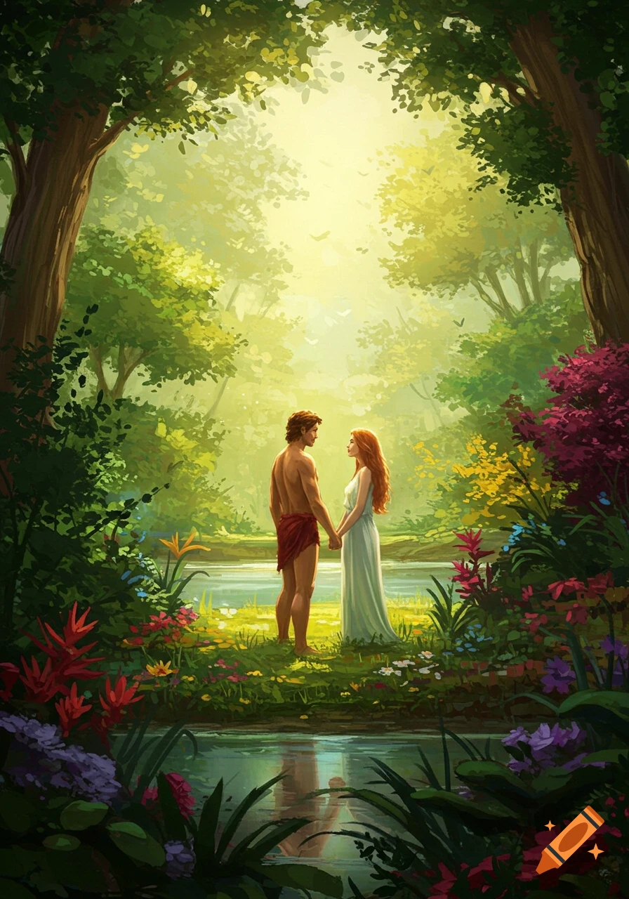 Adam and Eve stand hand-in-hand in a vibrant, lush Garden of Eden by a ...