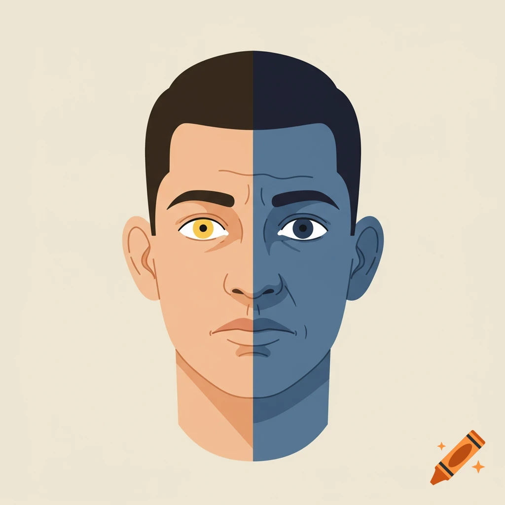 An illustration of a man's head split vertically, one side light ...