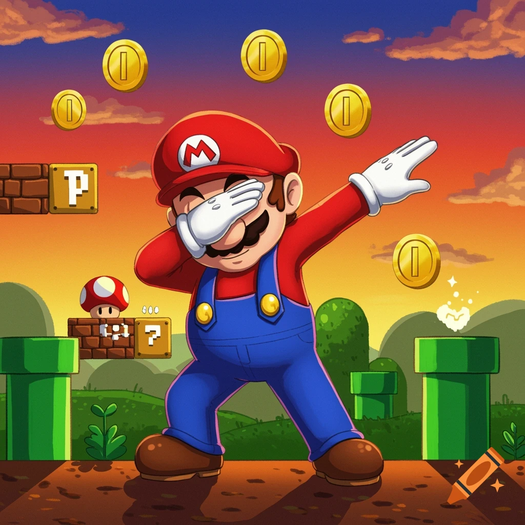 Cartoon Mario stands on a green question mark block in a vibrant ...
