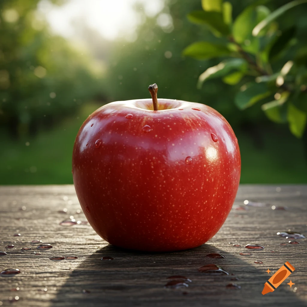 A vibrant red apple with water droplets on weathered wooden planks in ...