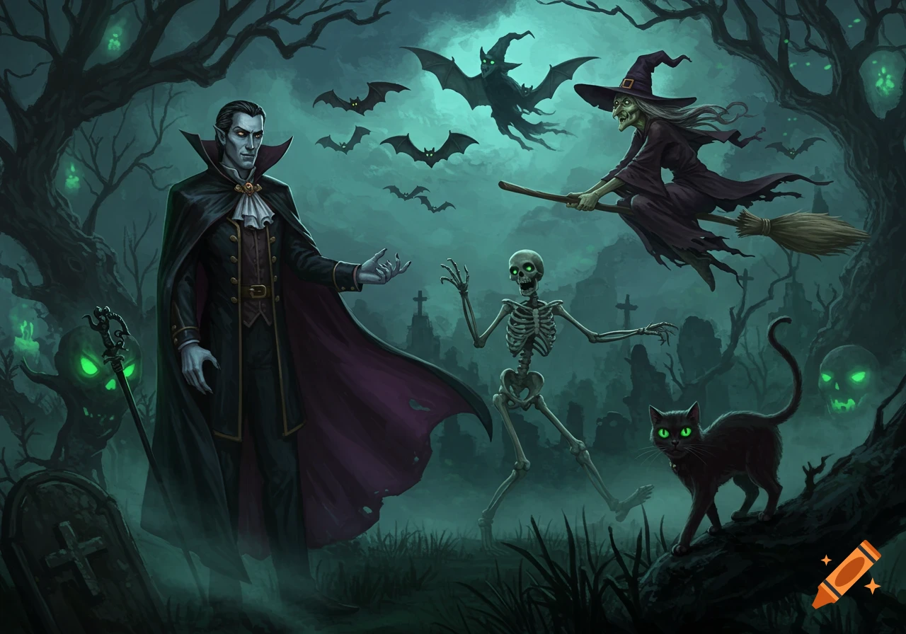 A shadowy sorcerer in dark robes with glowing red eyes stands behind a ...