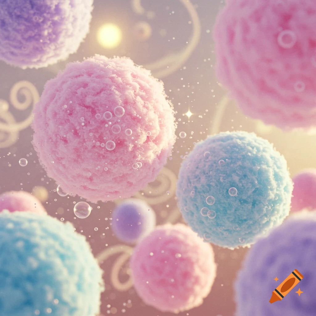 Pink, blue, and purple fluffy spheres with bubbles and sparkles ...