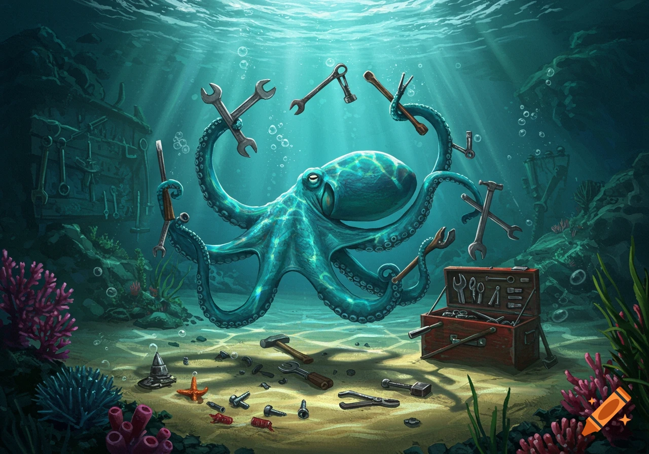 An illustrated image of a glowing, creepy octoling floating in deep ...