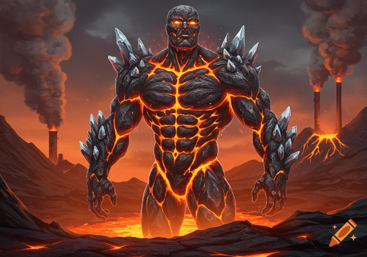 A massive, blocky rock golem with glowing lava cracks and red crystals ...