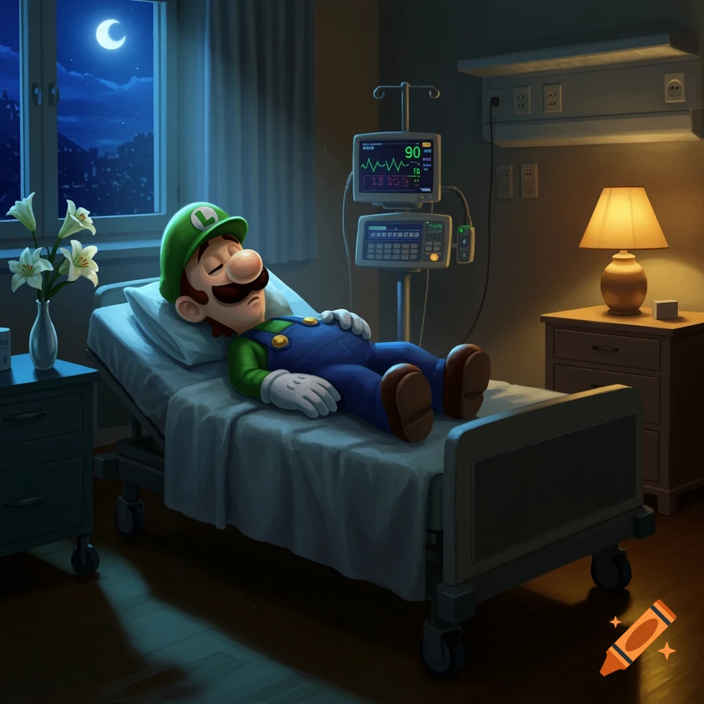 Luigi sleeps in a hospital bed with a medical monitor next to him ...