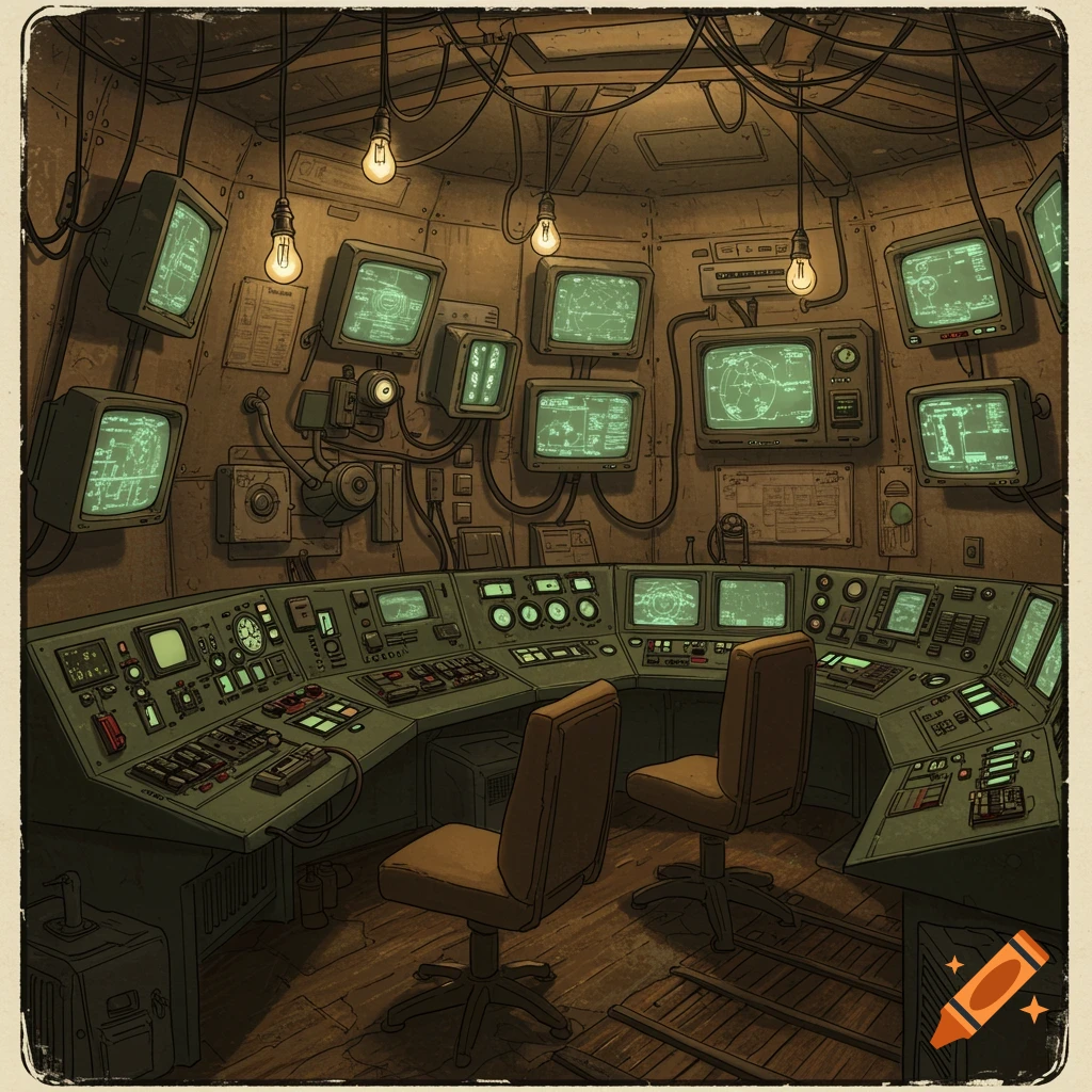 An illustration of an old, semi-animated style control room with ...