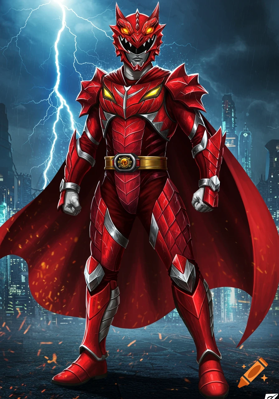 A red dragon-themed Power Ranger in a detailed armored suit stands in a ...
