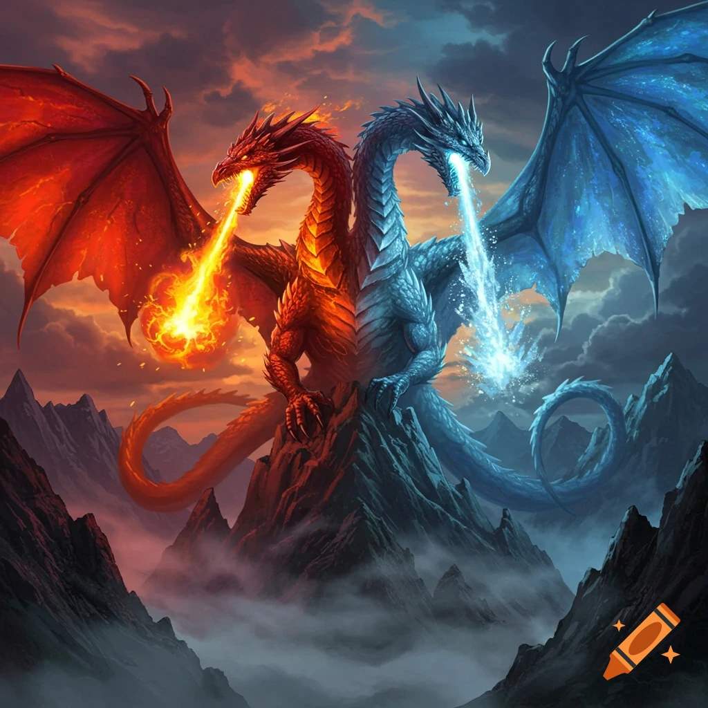 A vibrant red dragon breathing fire faces a blue dragon breathing ice ...
