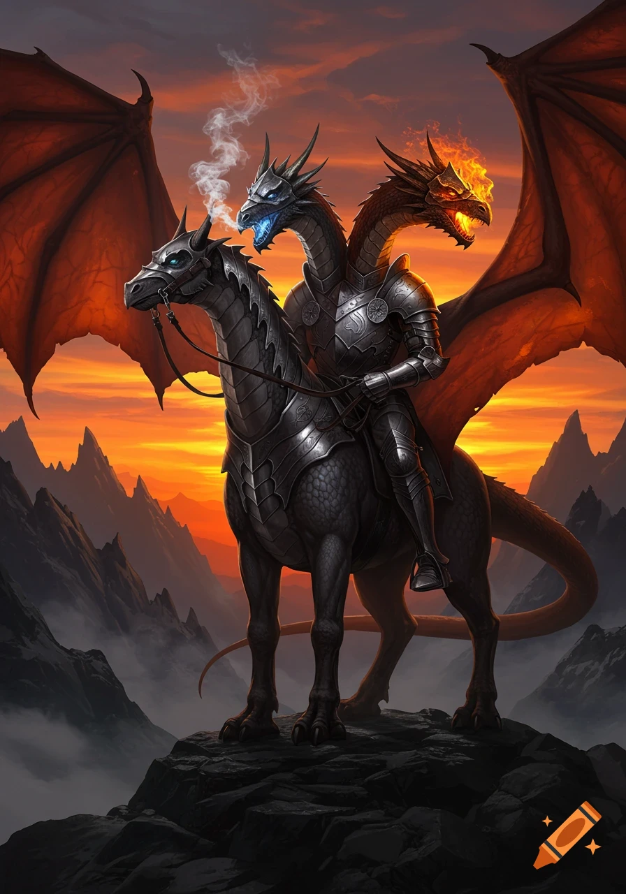 A majestic green and red dragon perches on a stone structure in misty ...