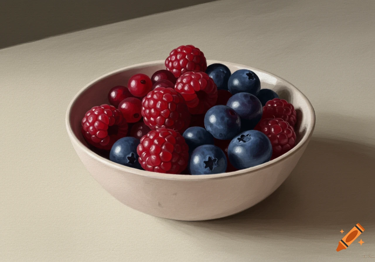 A drawing of a white bowl filled with red raspberries and blue ...