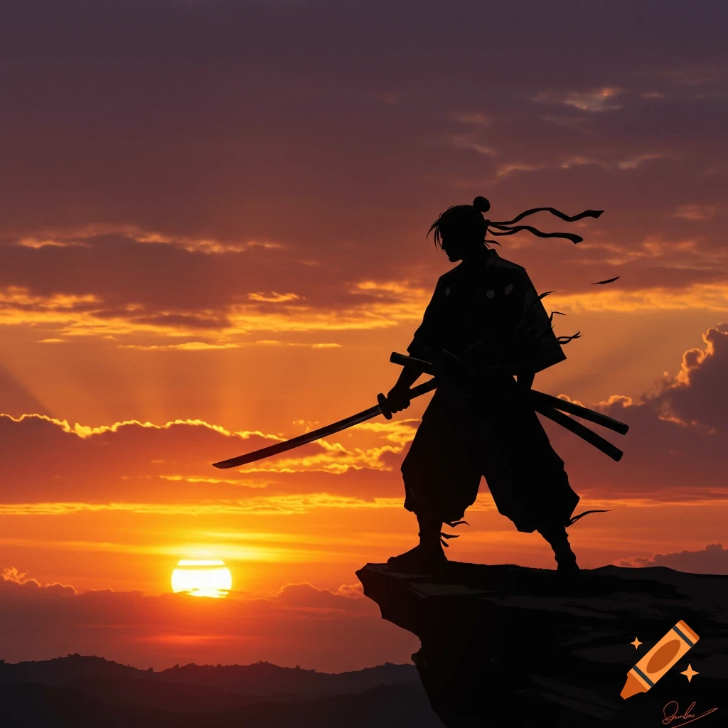 A silhouette of a samurai warrior standing on a cliff at sunset ...