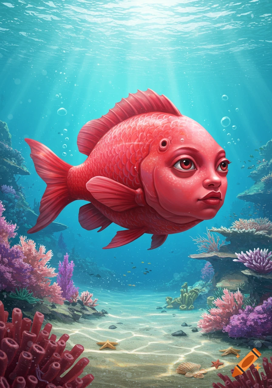 A pink blobfish with a hose for a body swims through a vibrant coral ...