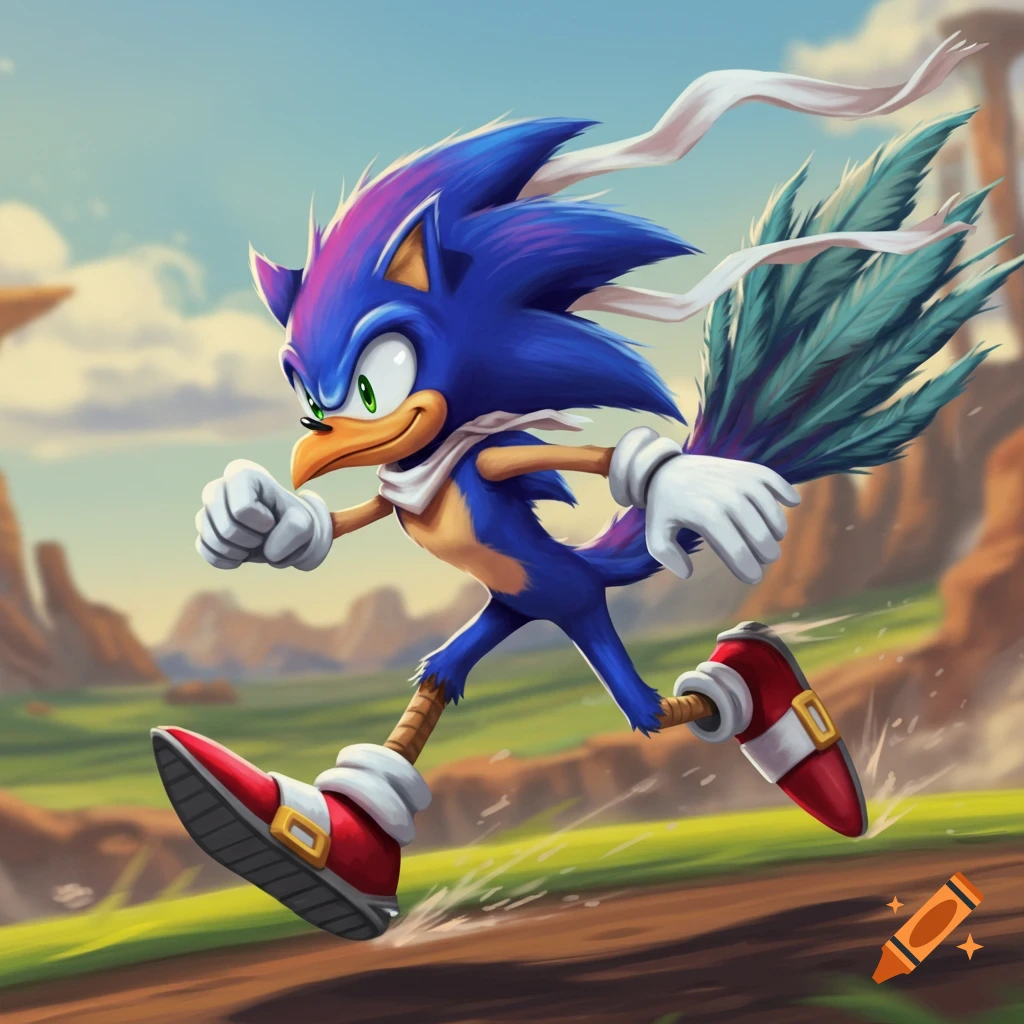 A blue, bird-like Sonic the Hedgehog roadrunner hybrid with a feathered ...