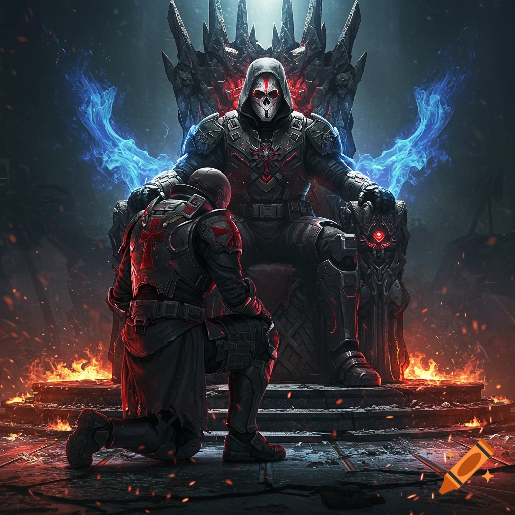 Zombie soldier in gas mask stands in a fiery WWI battlefield with ...