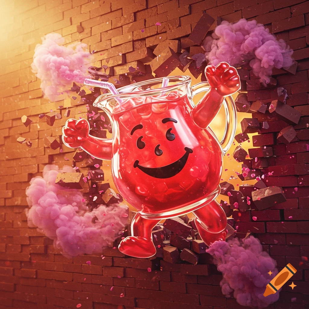 Red Kool-Aid Man mascot with a smiling face crashes through a brick ...